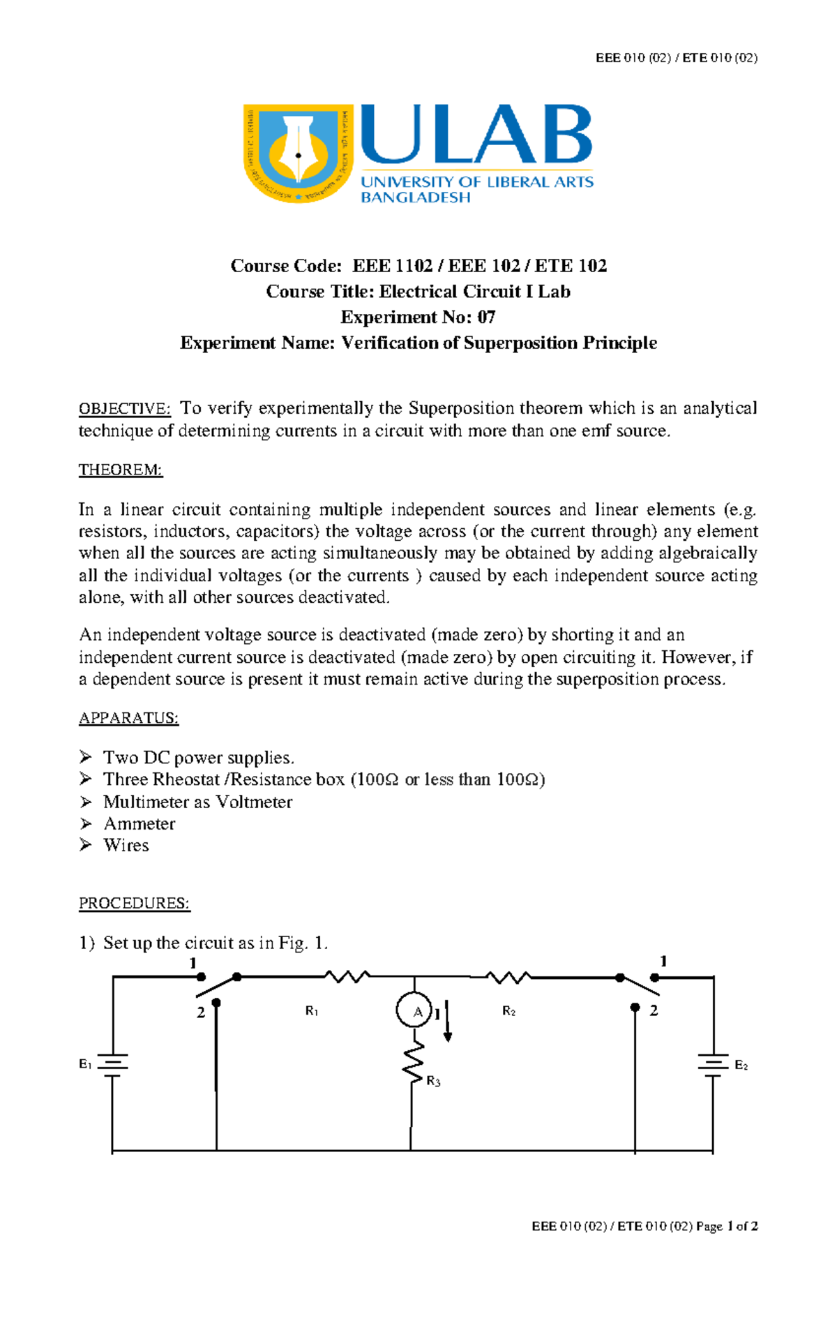 EEE 1102 EEE 102 ETE 102 - Experiment 07 - EEE 010 (02) / ETE 010 (02) EEE 010 (02) / ETE 010 ...