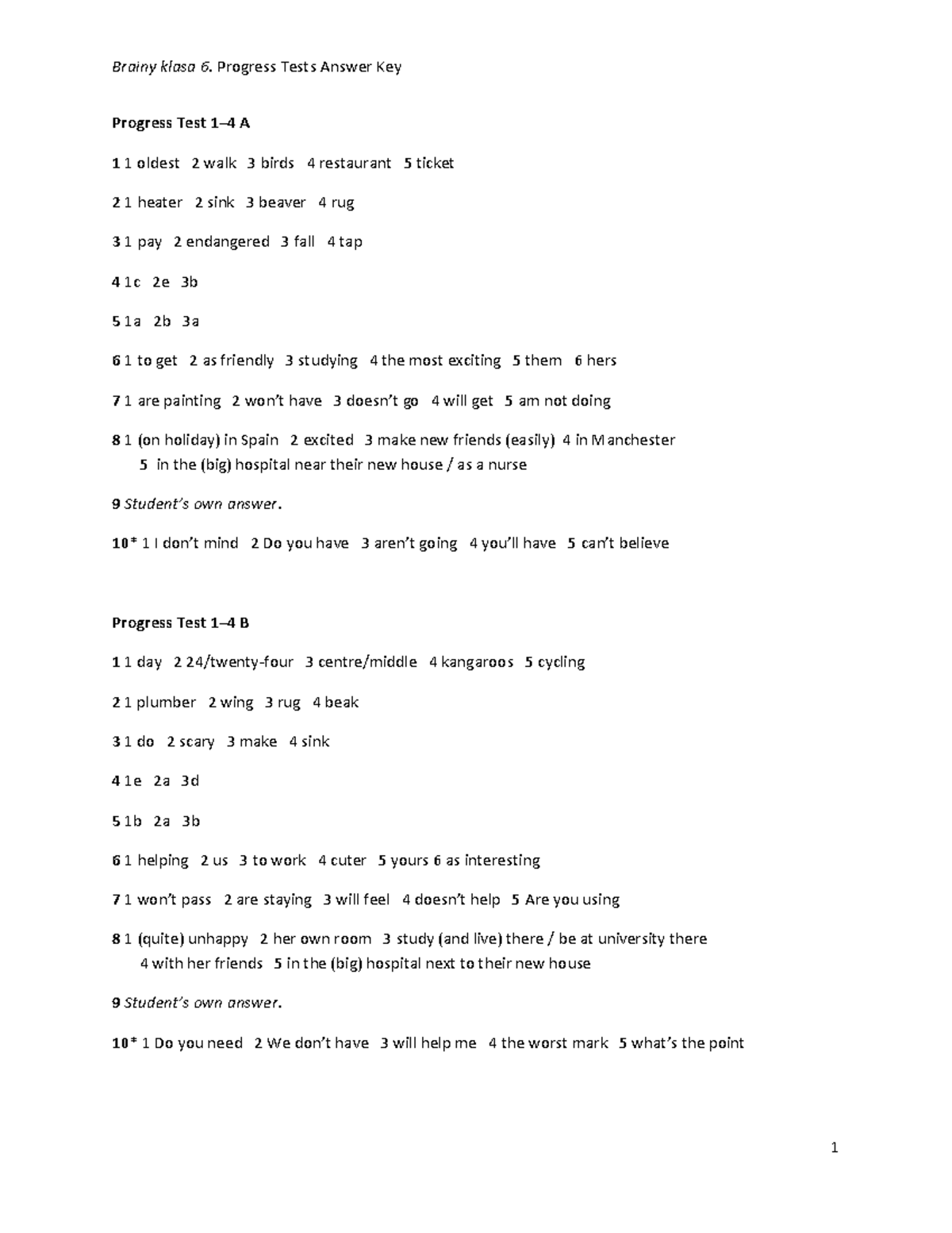 Brainy Klasa 6 Progress Tests Answer Key - Studocu