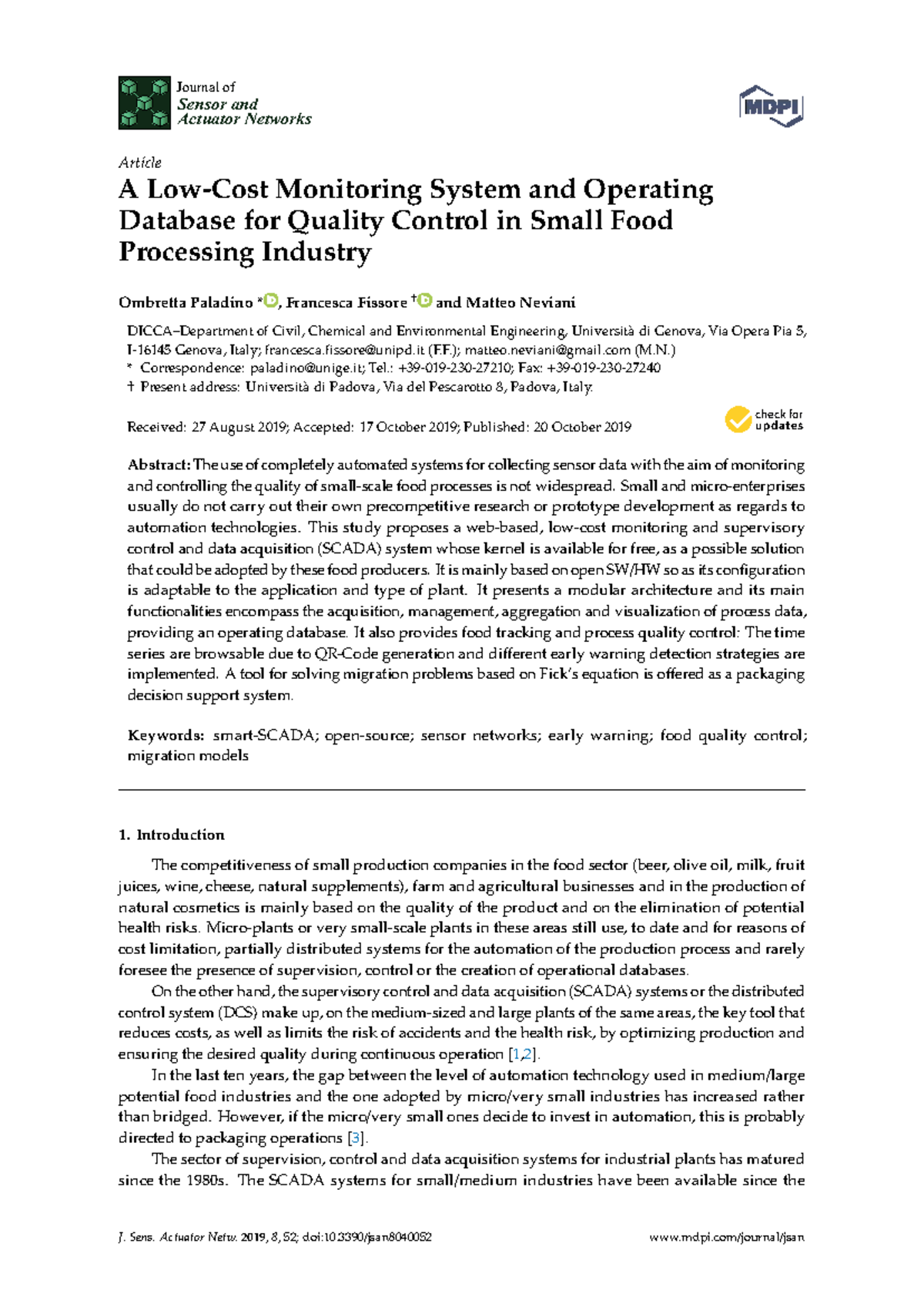 Monitoring System and SCADA Database for Food Quality Control (JSAN 08 ...
