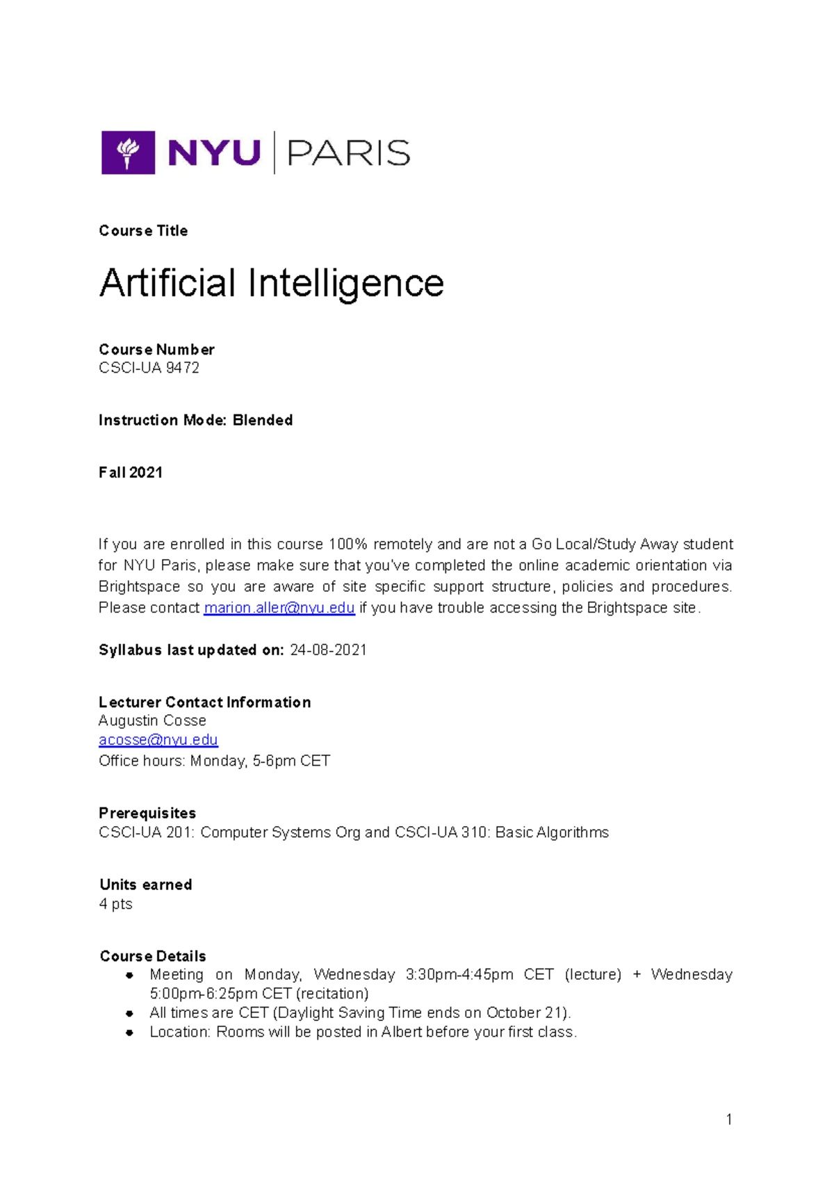 Syllabus for CSCI-UA 9472: Artificial Intelligence - Fall 2021 - Studocu