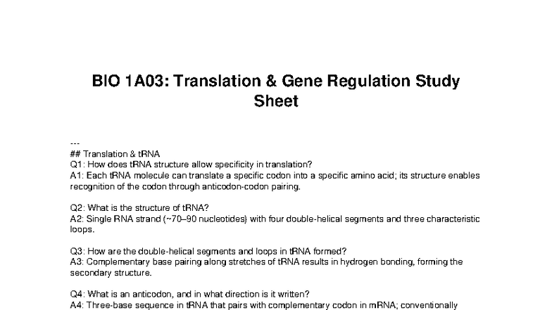BIO 1A03: Translation & Gene Regulation Study Guide - Studocu