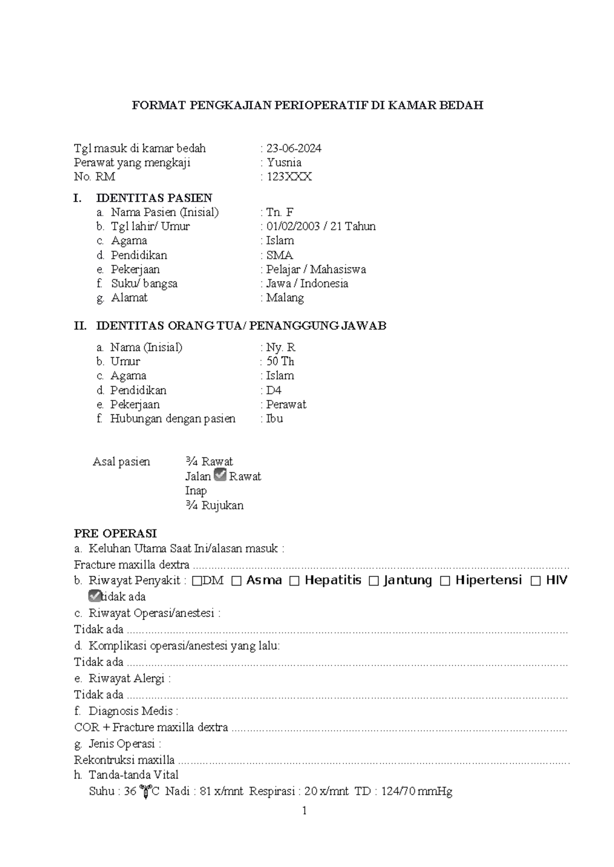 FORMAT PENGKAJIAN PERIOPERATIF: ASKEP FRAKTUR MAXILLA - Studocu