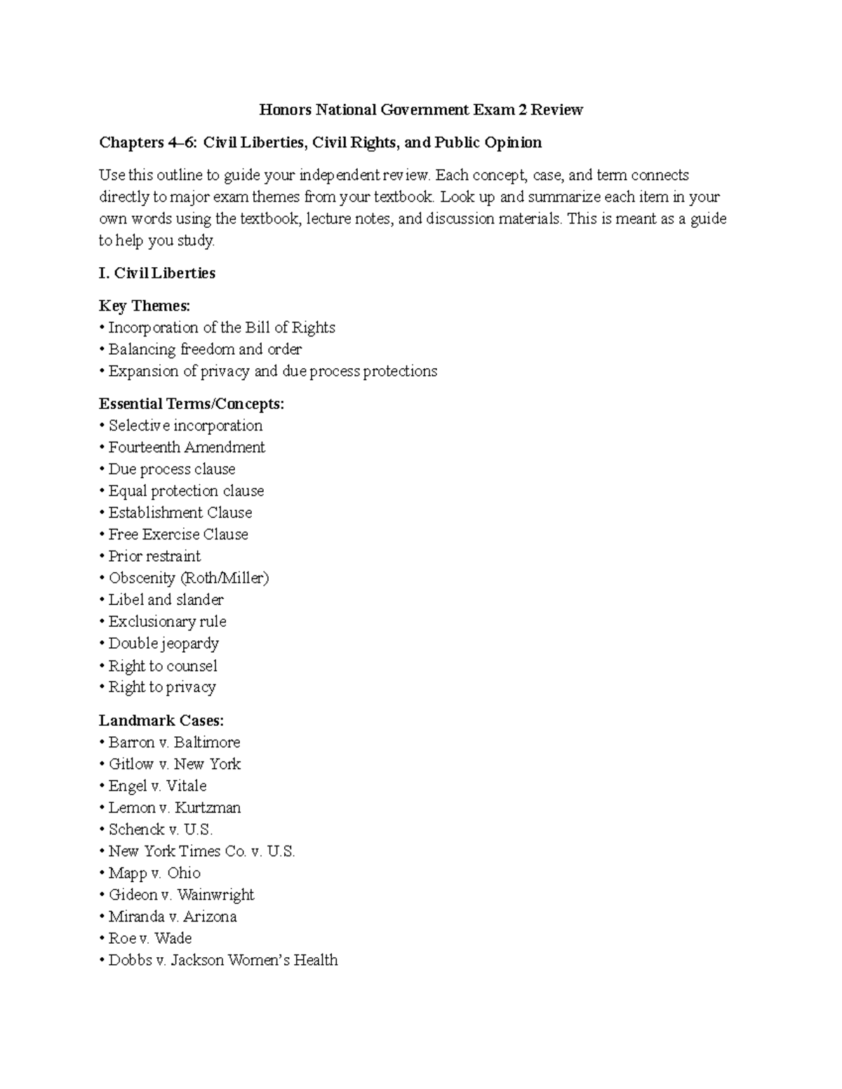 Honors National Government Exam 2 Review: Civil Liberties & Rights ...