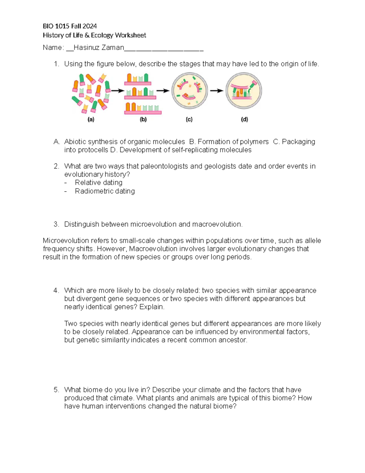 BIO 1015 Fall 2024: History of Life & Ecology Worksheet Guide - Studocu