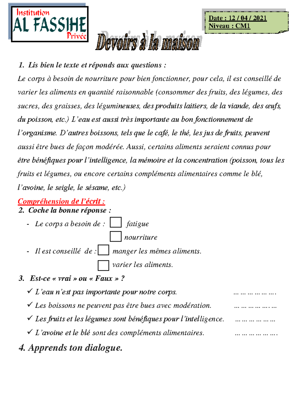 Devoirs à la maison CM1 - Nutrition et Alimentation 12/04/2021 - Studocu