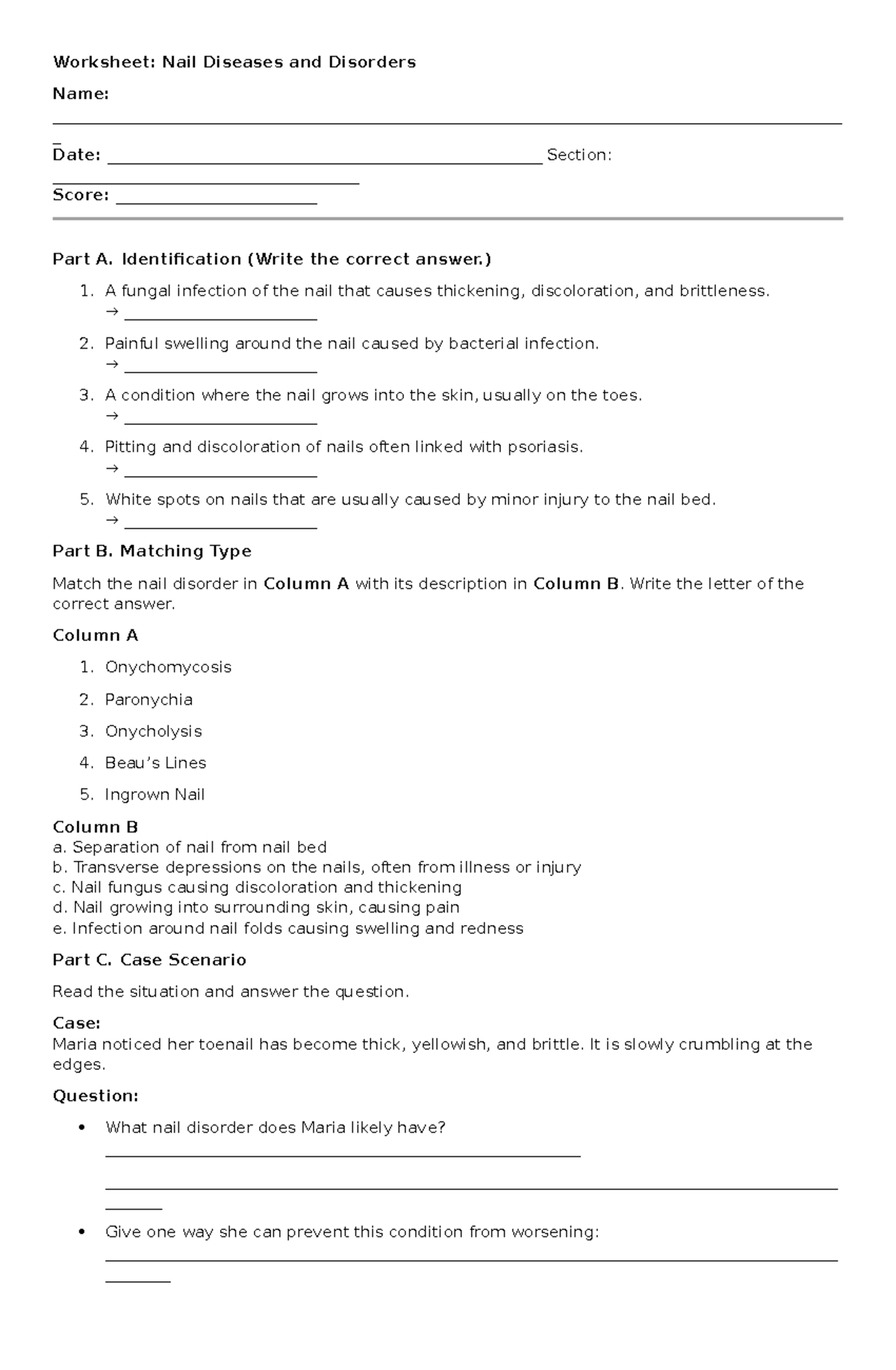 Worksheet: Nail Diseases and Disorders - Identification & Matching ...