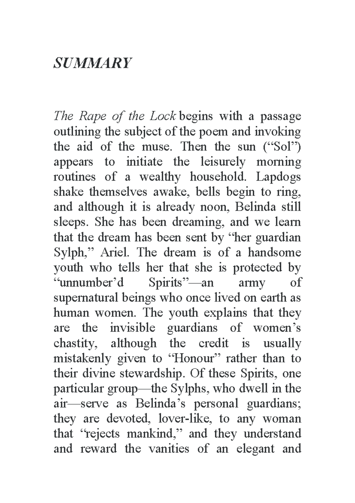 SUMMARY: The Rape of the Lock - Poem Analysis and Themes - Studocu