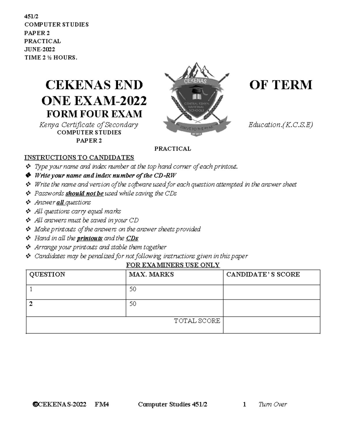 K.C.S.E Form Four Computer Studies Paper 2 Practical Exam Guide - Studocu