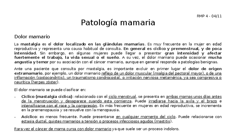 Mastitis y Dolor Mamario: RMP 4 Integración Clínica - Studocu