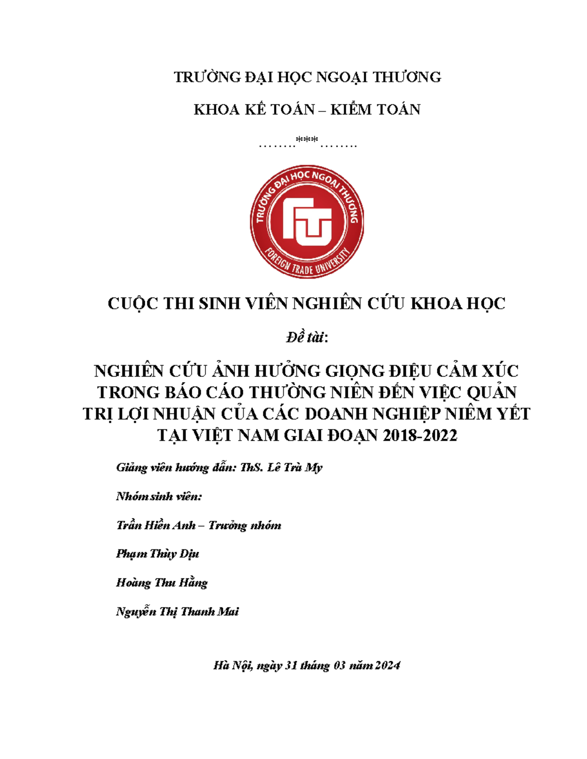Mau bia tieu luan ftu vieclamvui - TRƯỜNG ĐẠI HỌC NGOẠI THƯƠNG KHOA KẾ ...