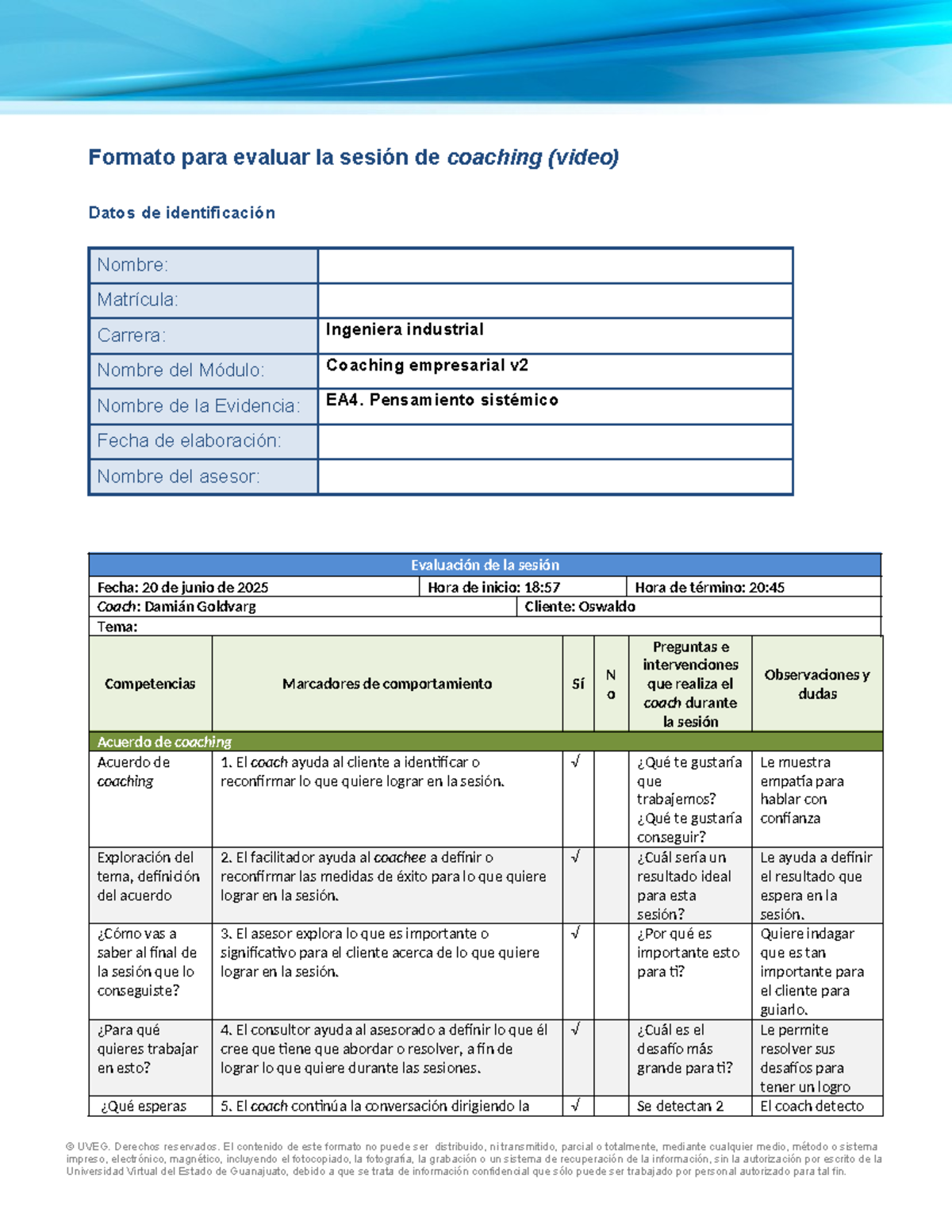 Formato de Evaluación de Sesiones de Coaching Empresarial (EA4) - Studocu