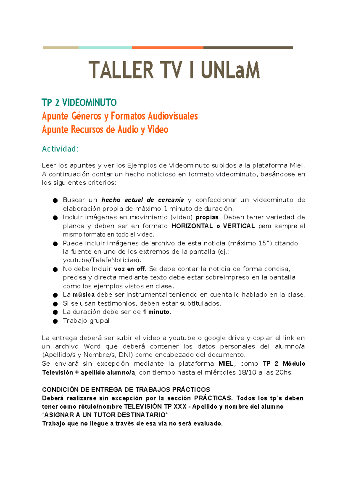 TP-2-Videominuto: Guía para Trabajo Práctico en Taller TV I UNLaM - Studocu