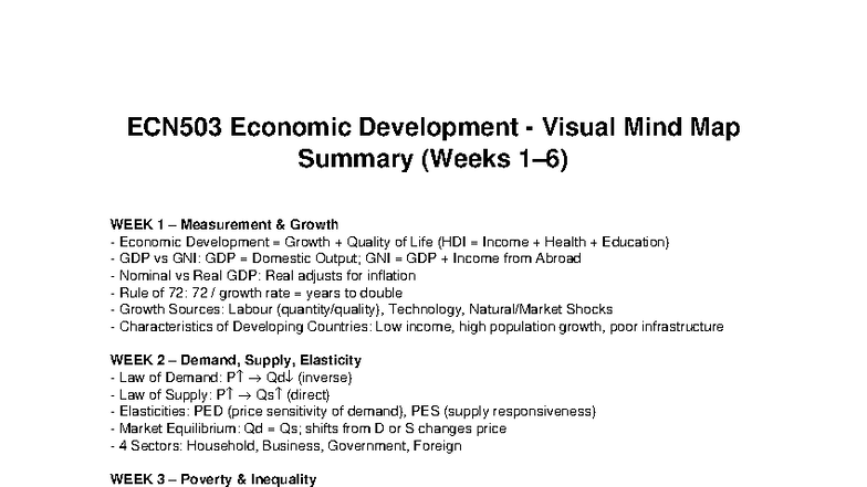 ECN503 Economic Development Mind Map Summary (Weeks 1-6) - Studocu