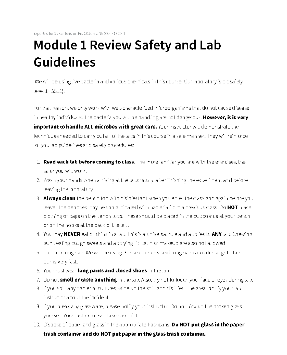 Module 1 Review: Safety Protocols & Lab Guidelines for BSL1 - Studocu
