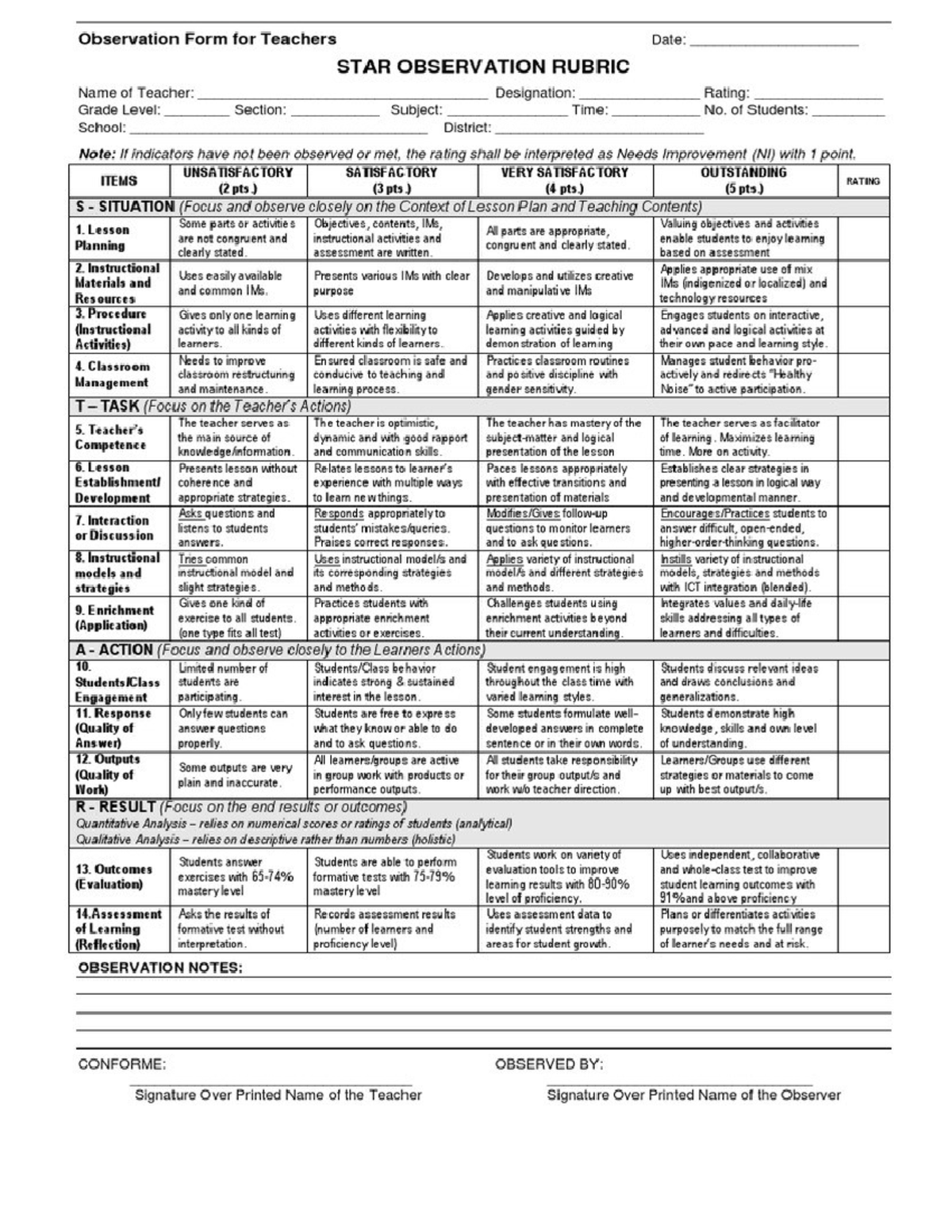 STAR Observation Tool 2: Teacher Evaluation Form - Studocu