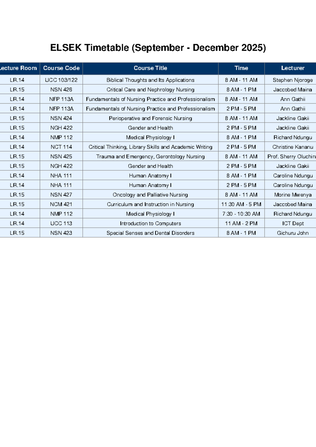 ELSEK Timetable (Sep-Dec 2025) - Lecture Schedule & Course Codes - Studocu