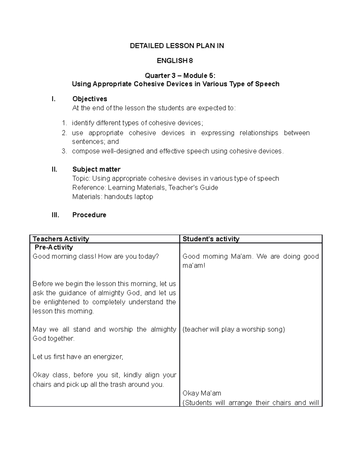 Quarter 3M5 LP - Lesson Plan on Cohesive Devices in English 8 - Studocu