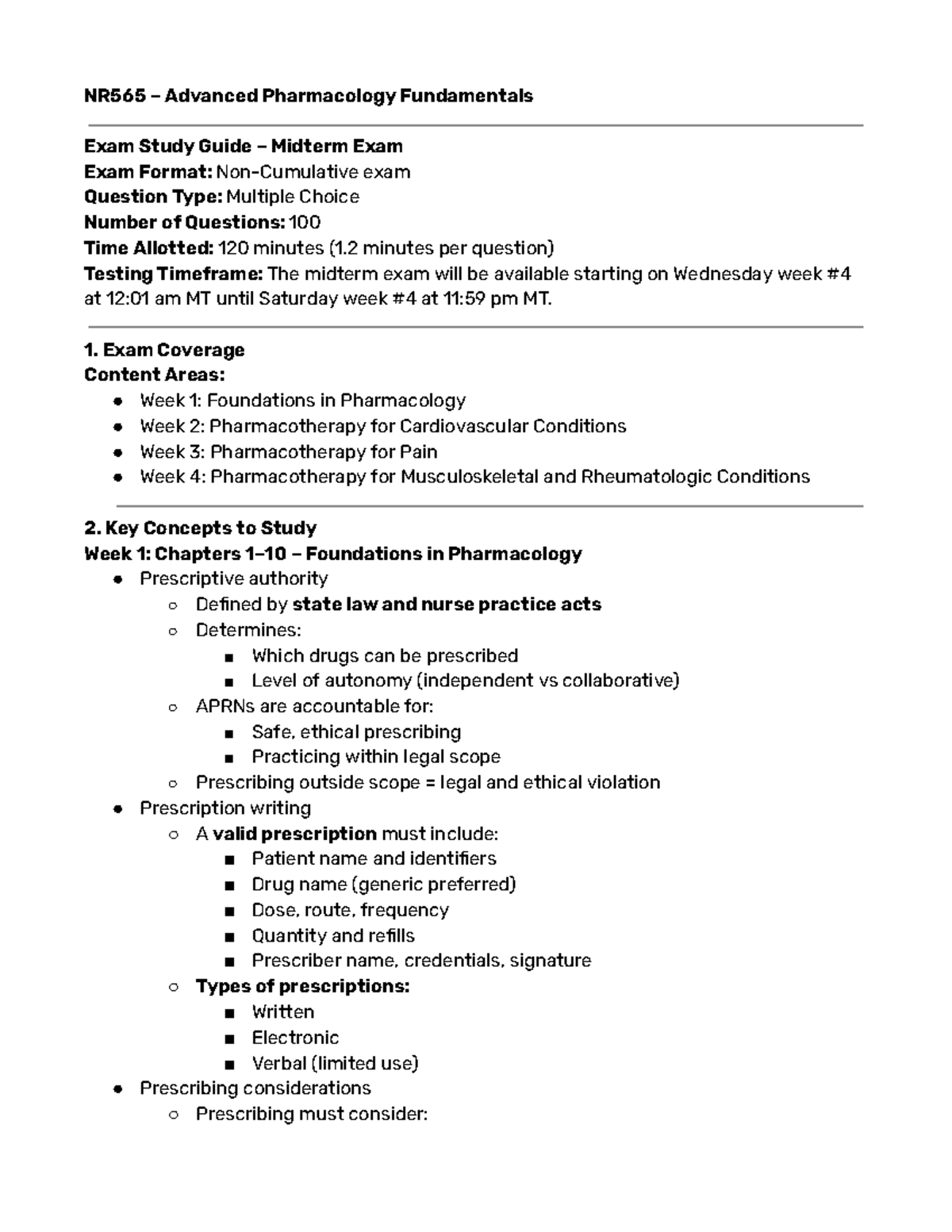 NR565 Advanced Pharmacology Midterm Exam Study Guide - Studocu