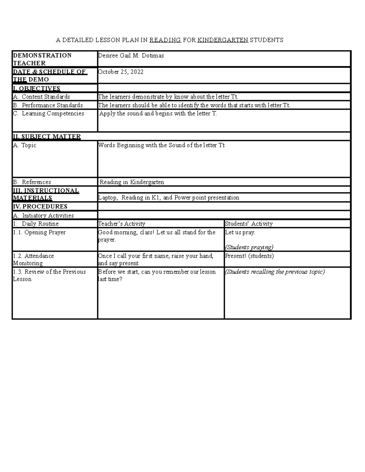 LP- Lesson Plan for Kindergarten Reading: Focus on Letter Tt - Studocu