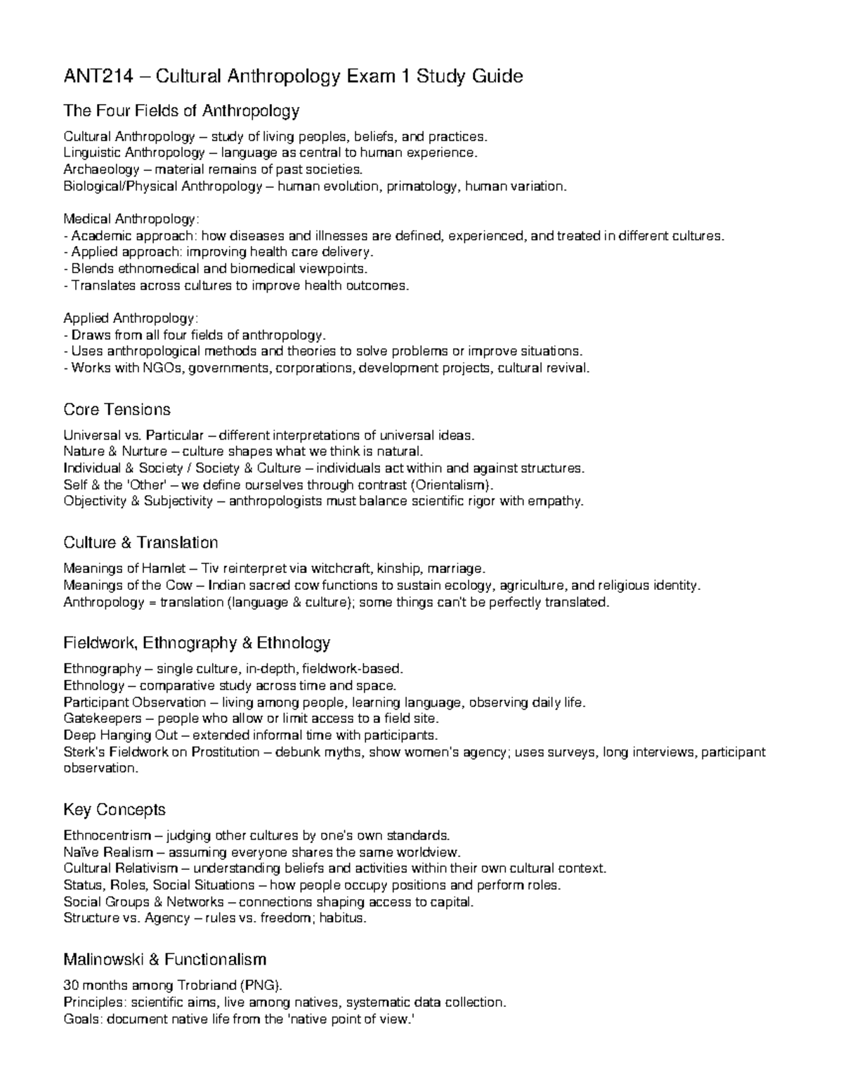 ANT214 Cultural Anthropology Exam 1 Study Guide: Key Concepts and ...