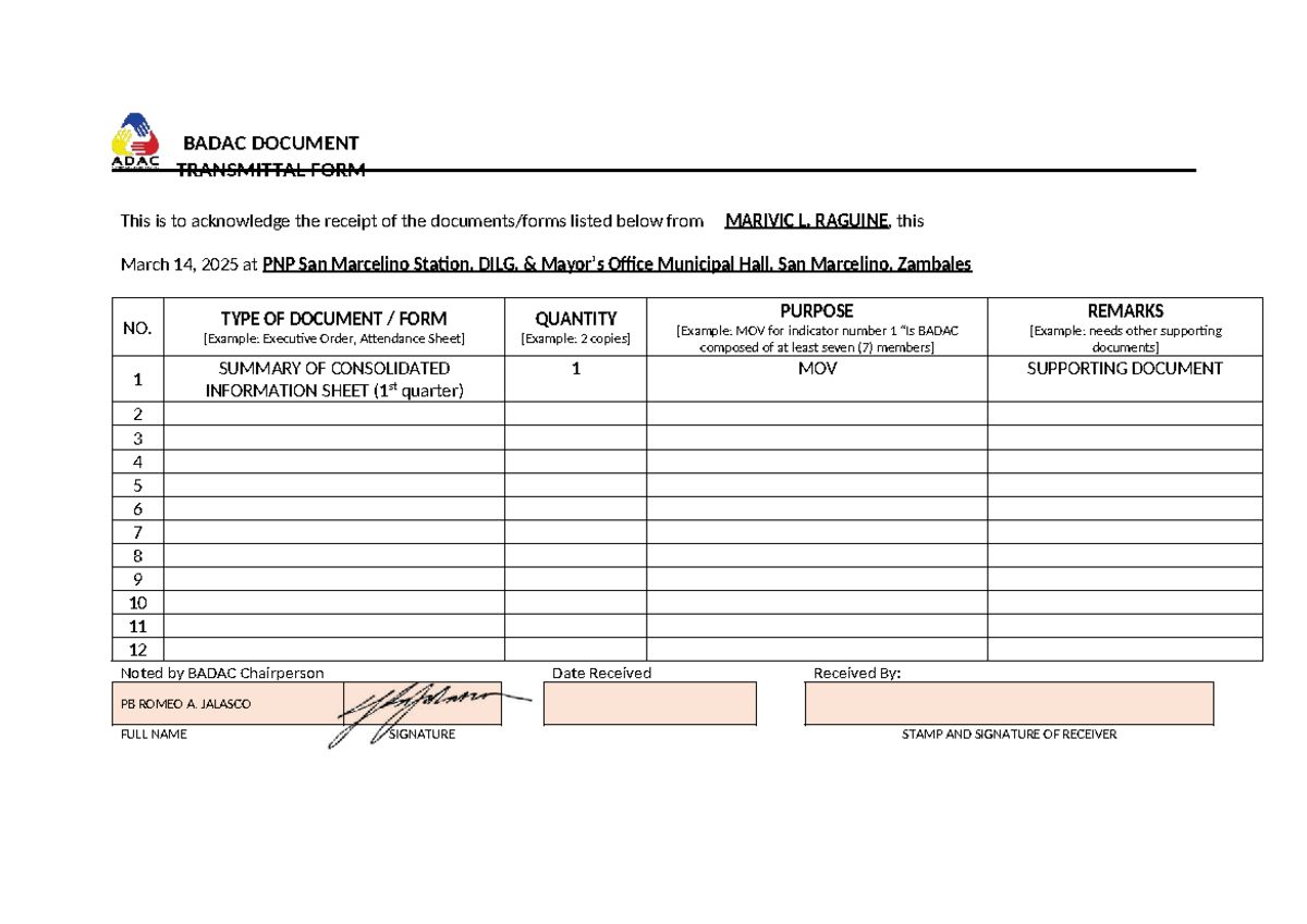 BADAC Document Transmittal Form Summary (2025) - Studocu