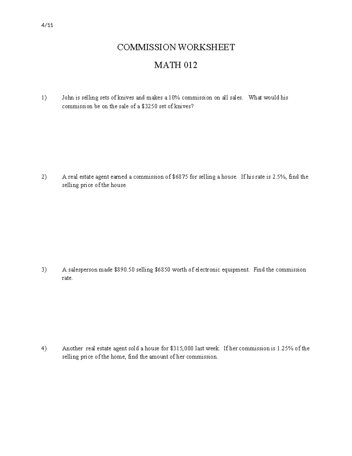 MATH 012 Commission Worksheet: Calculating Earnings and Rates - Studocu