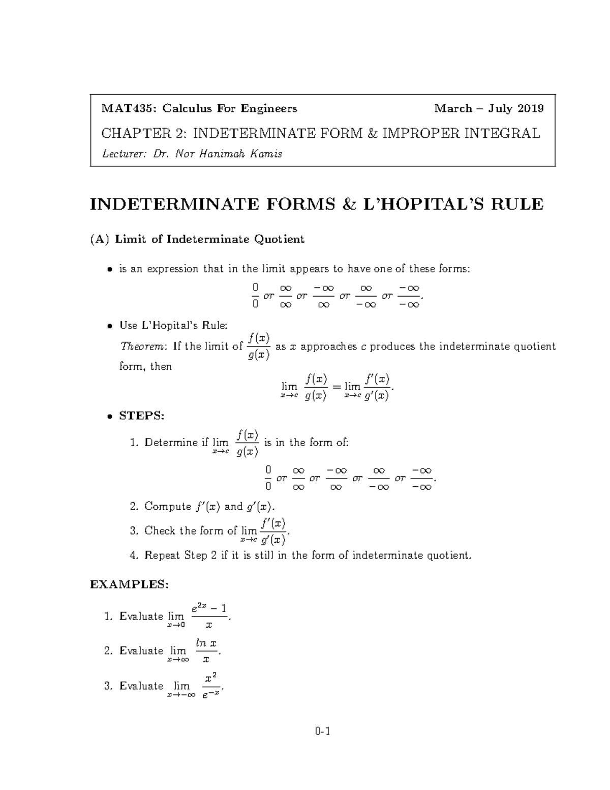 MAT435: Calculus for Engineers - Chapter 2 Notes on Indeterminate Forms ...