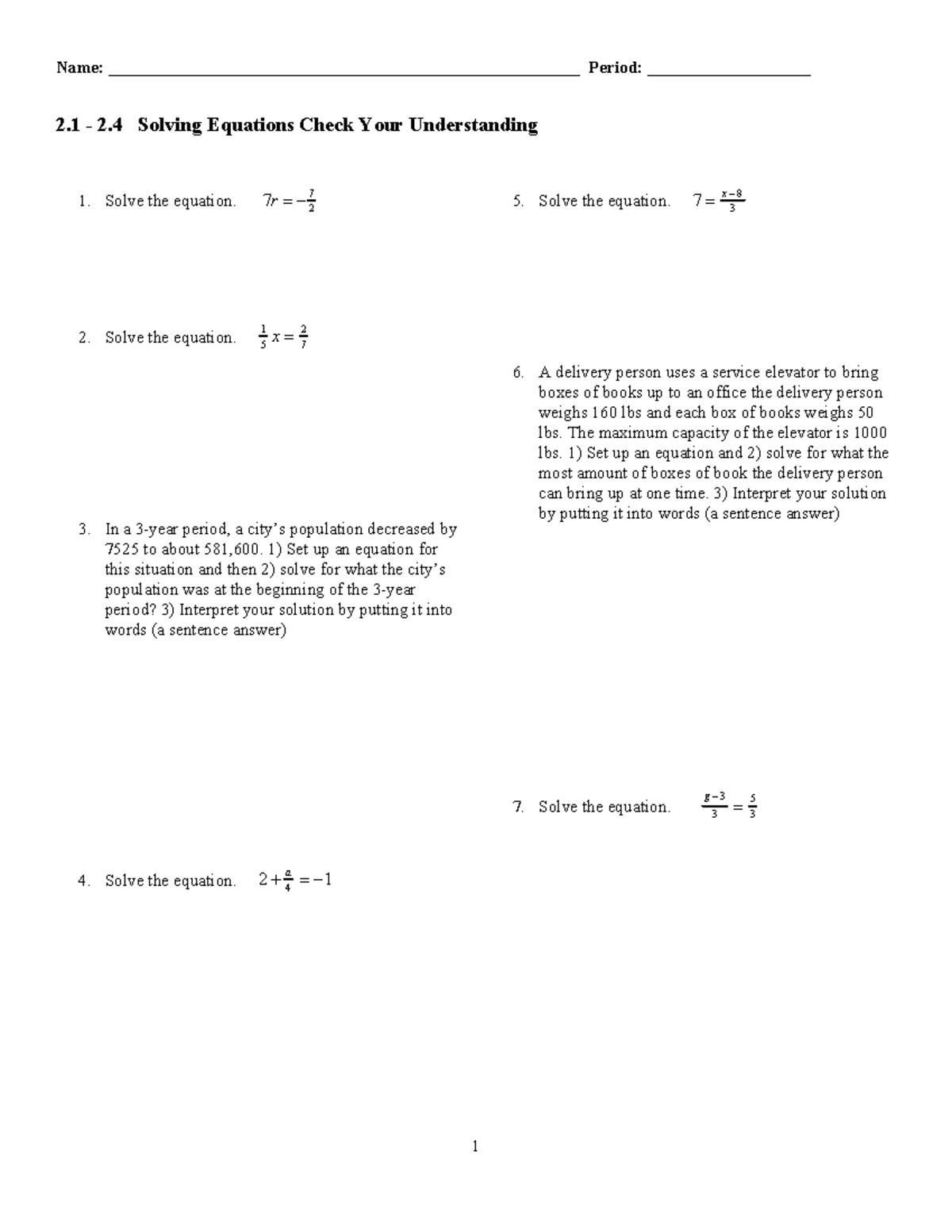 2.1 - 2.4 Solving Equations Homework Worksheet - Studocu