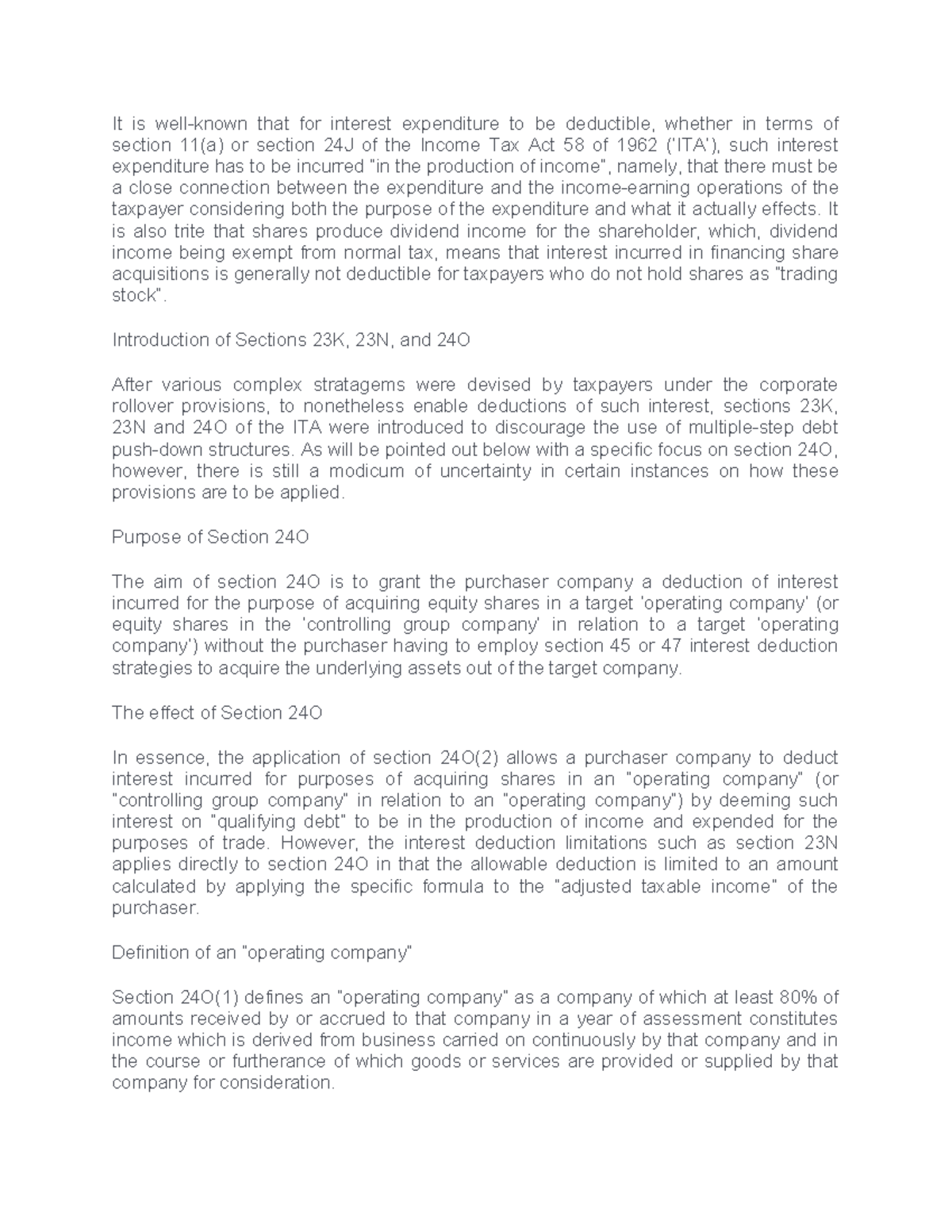 Analysis of Section 24O: Interest Deductibility in Tax Law - Studocu
