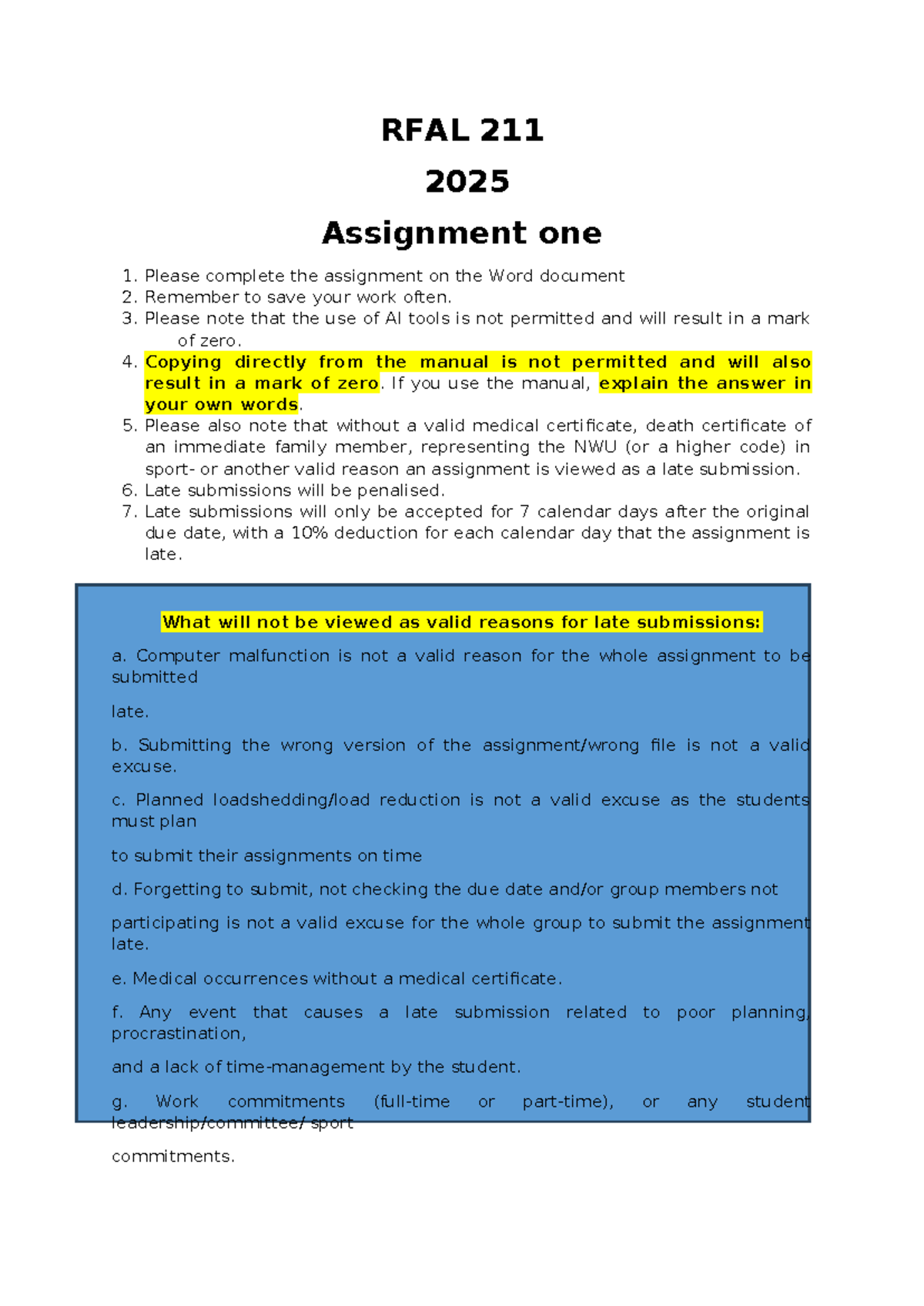 RFAL 211 2025 Assignment 1 Guidelines and Requirements - Studocu
