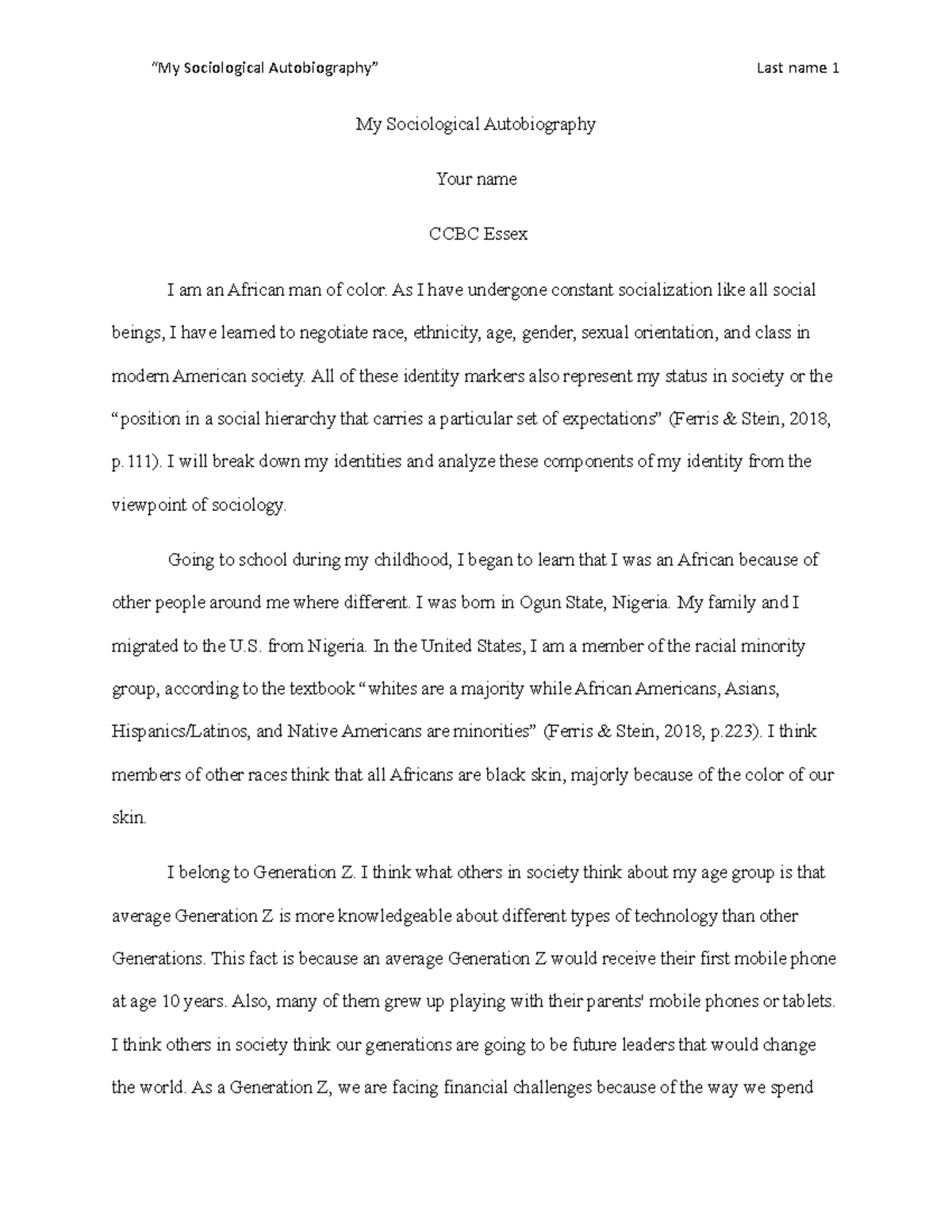 SOCI 101: My Sociological Autobiography - Analysis of Identity Markers ...