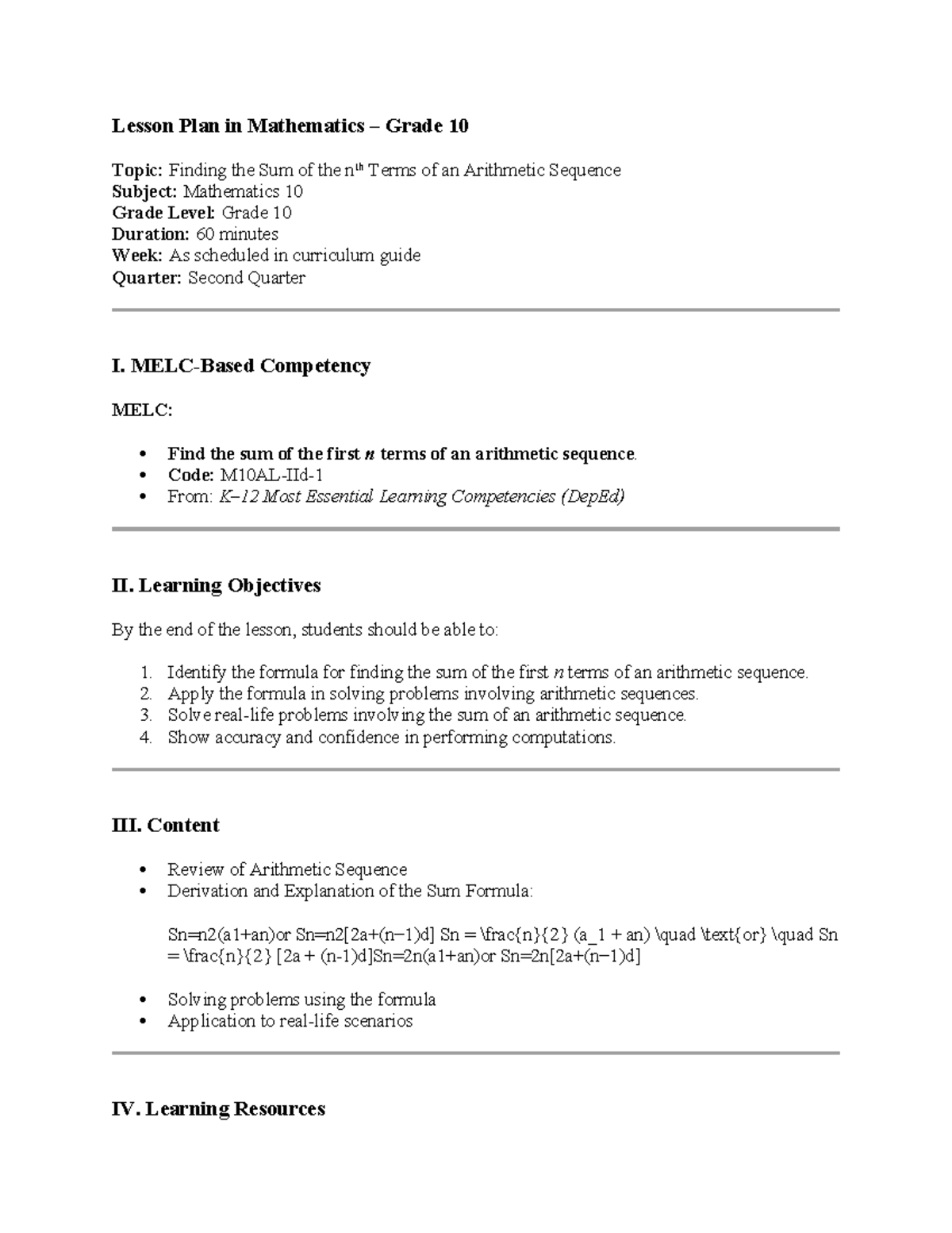 MATH 10 Lesson Plan: Finding the Sum of Arithmetic Sequences - Studocu