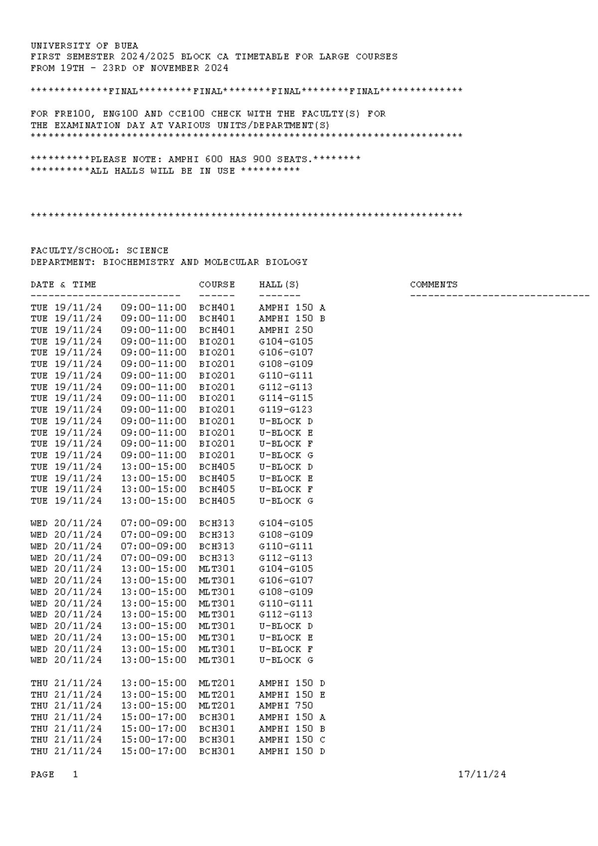 Block CA Timetable First Semester 2024 2025 - FIRST SEMESTER 2024/2025 ...