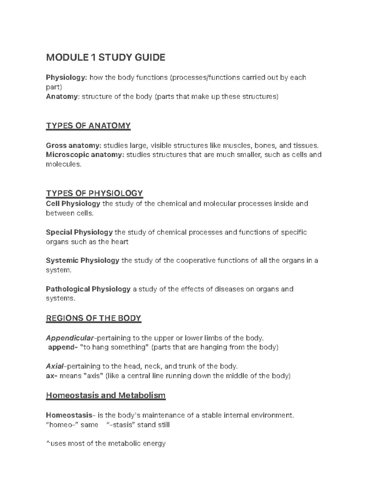 Module 1 Study Guide: Anatomy and Physiology Fundamentals - Studocu