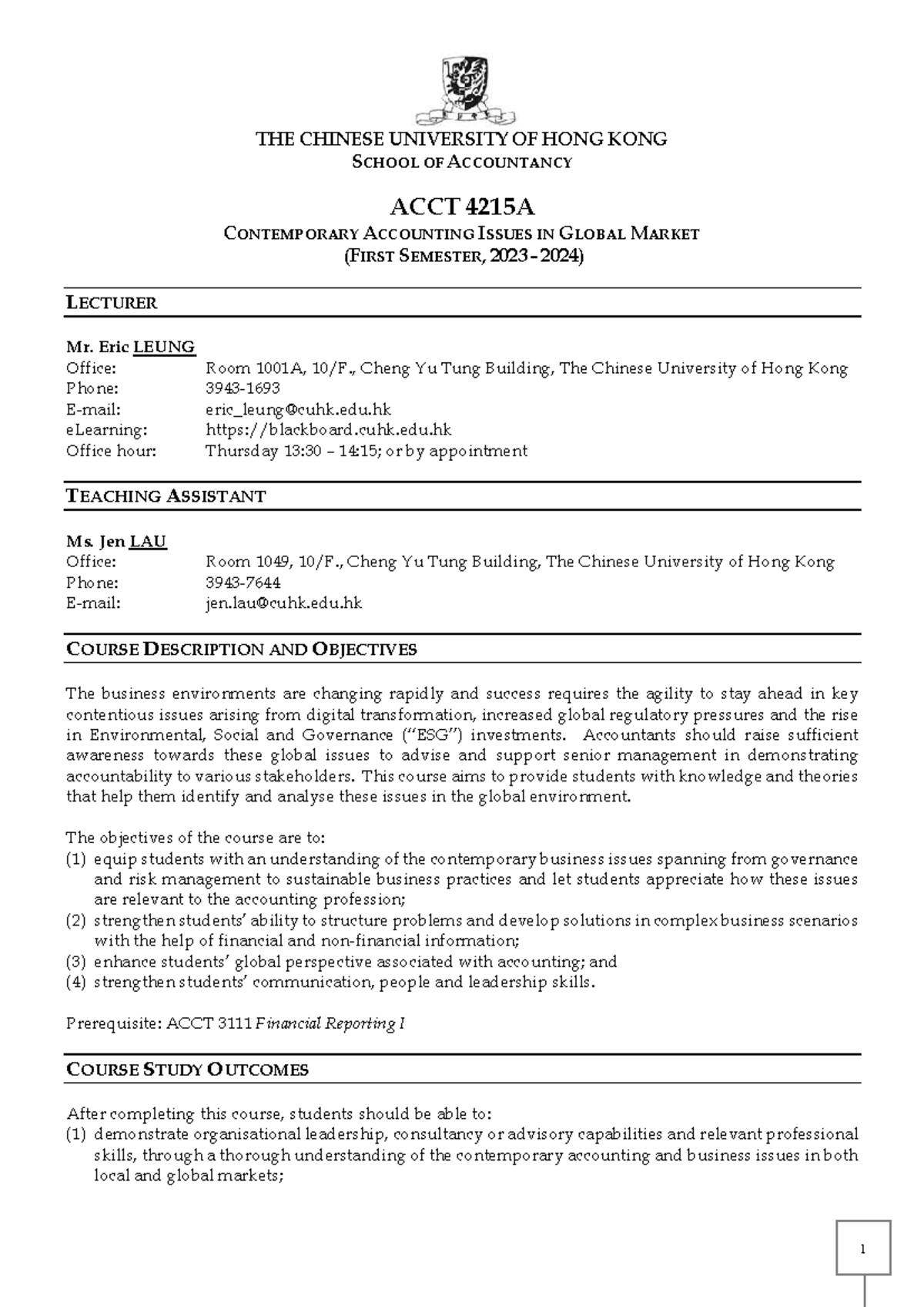 ACCT 4215A Contemporary Accounting Issues Course Outline 2023-24 - Studocu