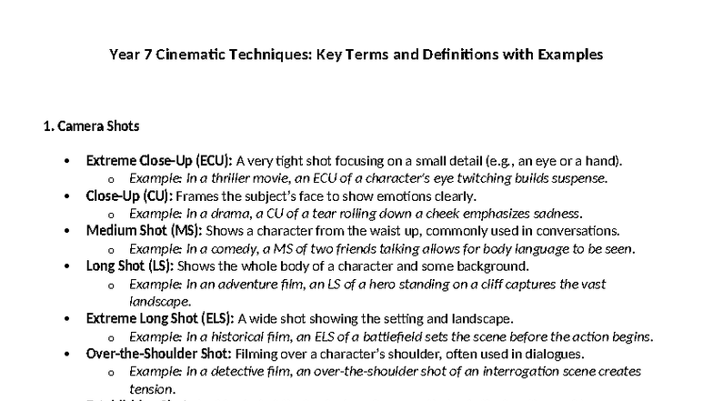 Y7 Unit 2 Cinematic Techniques - Year 7 Cinematic Techniques: Key Terms ...
