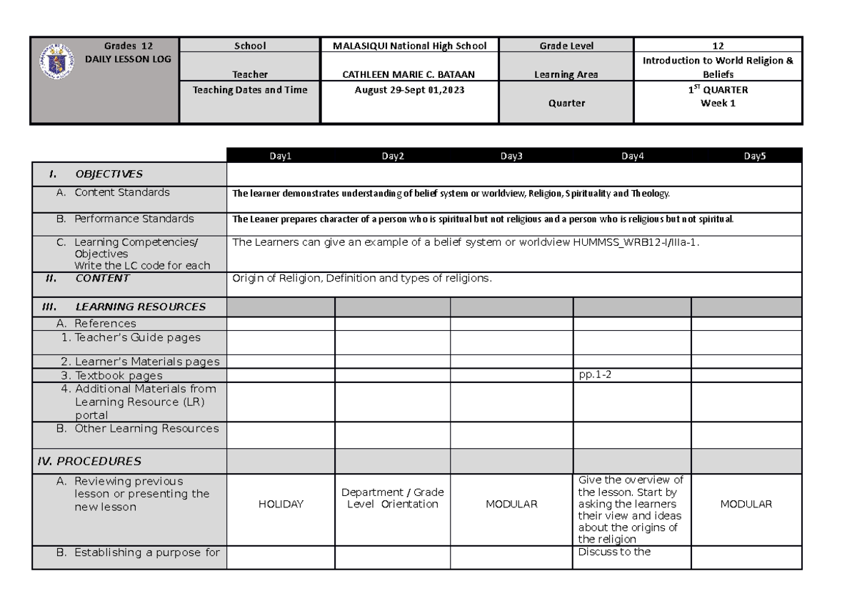 Orientation Week Activities: Daily Lesson Log for DLL Grades 12 - Studocu