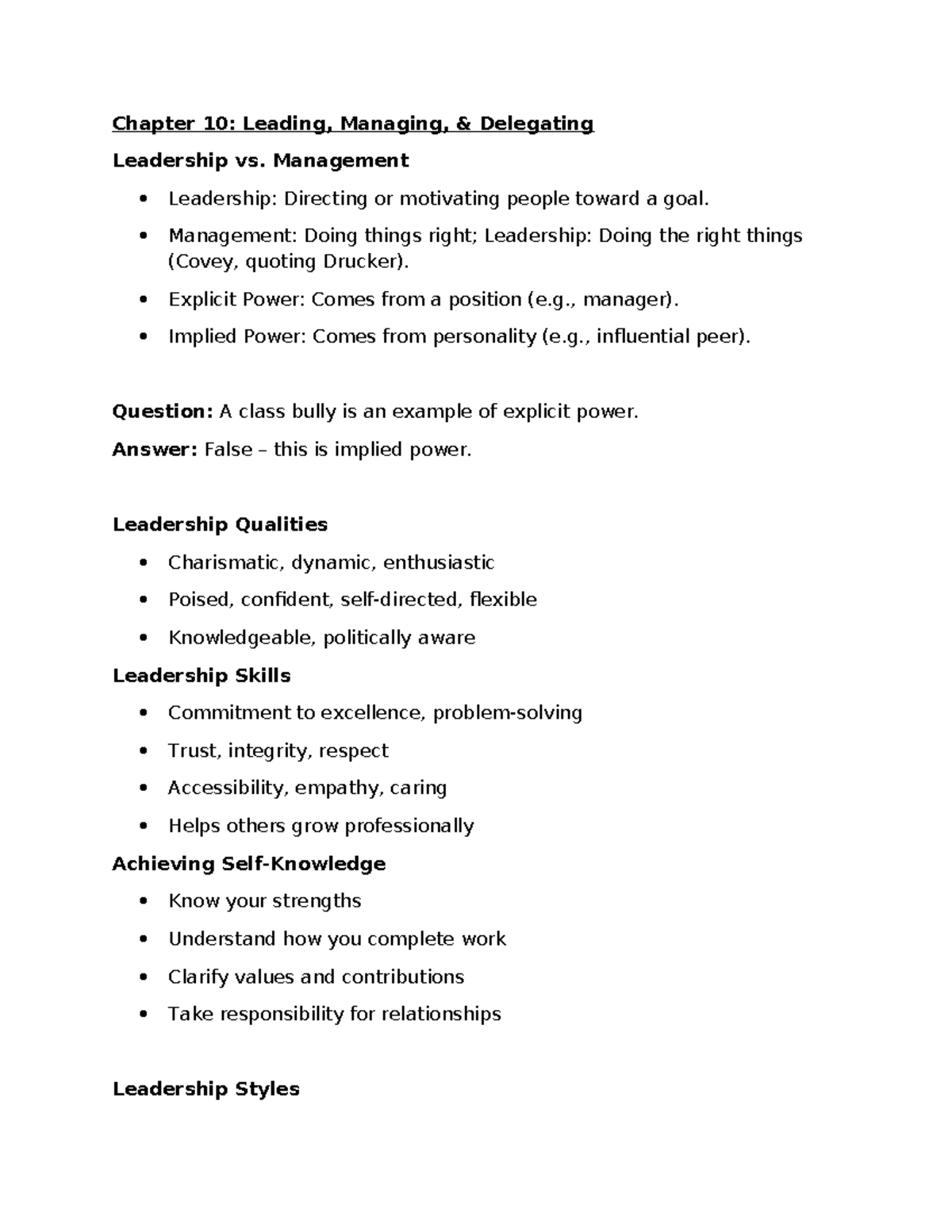 Fundamentals NURS 101: Ch. 10 Study Guide on Leadership & Management ...