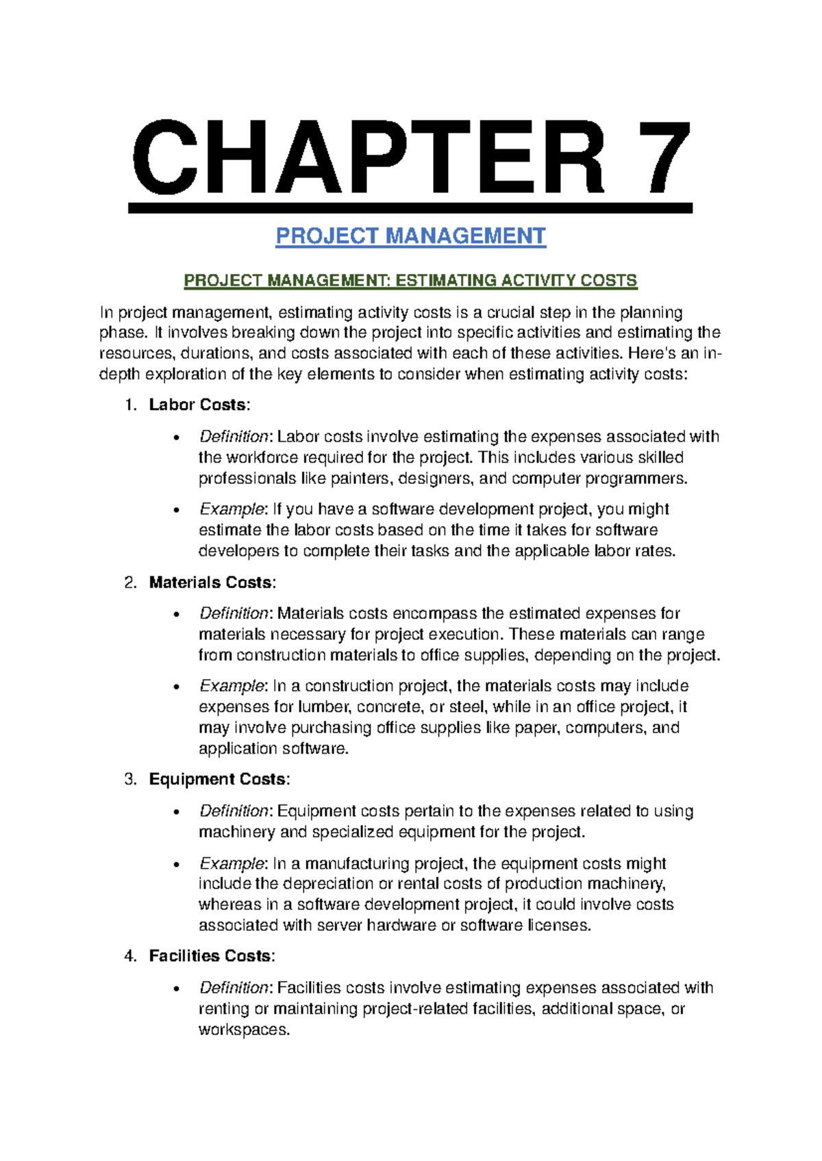 CHAPTER 7: PROJECT MANAGEMENT - ESTIMATING ACTIVITY COSTS - Studocu