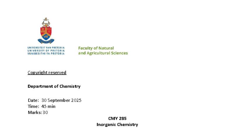 CMY 285 Inorganic Chemistry Class Test 1 - 30 Marks - Studocu
