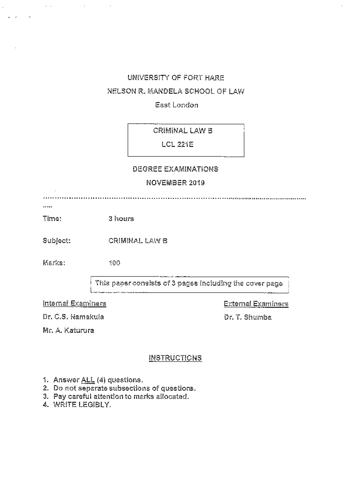 LCL 221E Criminal Law B Degree Exam Nov 2019 - Past Paper - Studocu