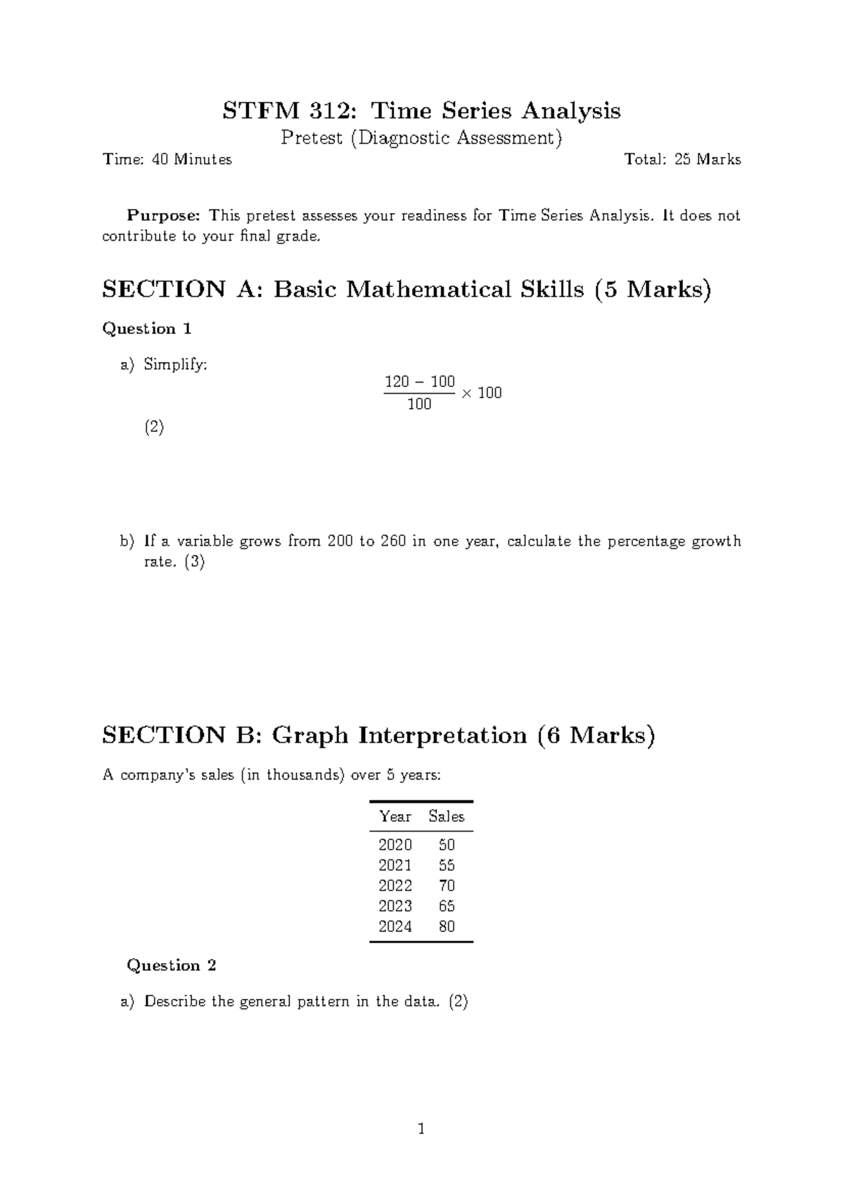 STFM 312: Time Series Analysis Pretest (Diagnostic Assessment) - Studocu