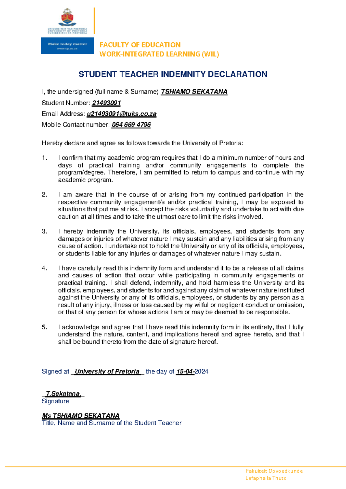 WIL Indemnity Declaration Form - University of Pretoria - Studocu