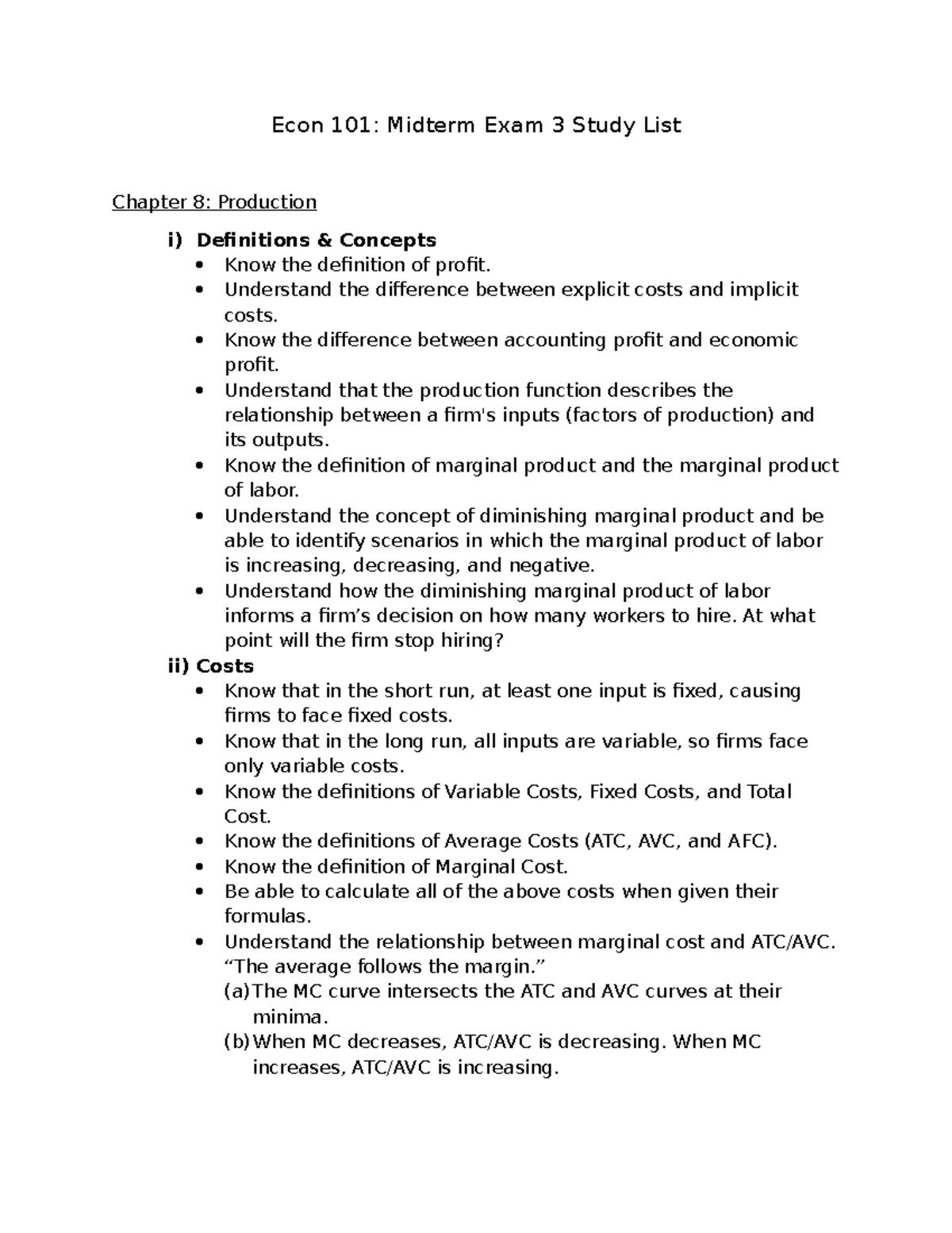 Econ 101: Midterm Exam 3 Study Guide on Production & Costs - Studocu