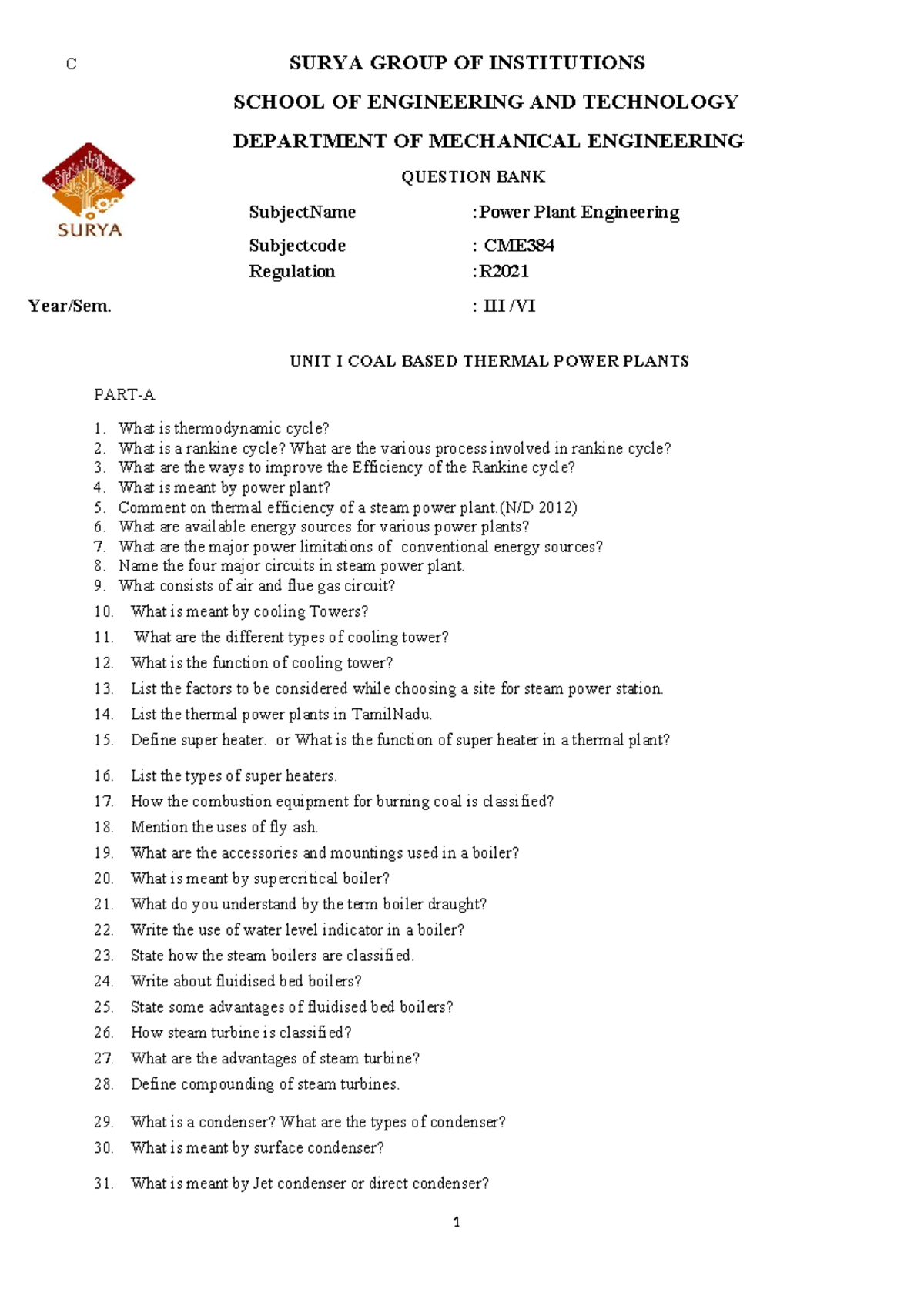 PPE CME - Power Plant Engineering Question Bank for Midterm Exam - Studocu