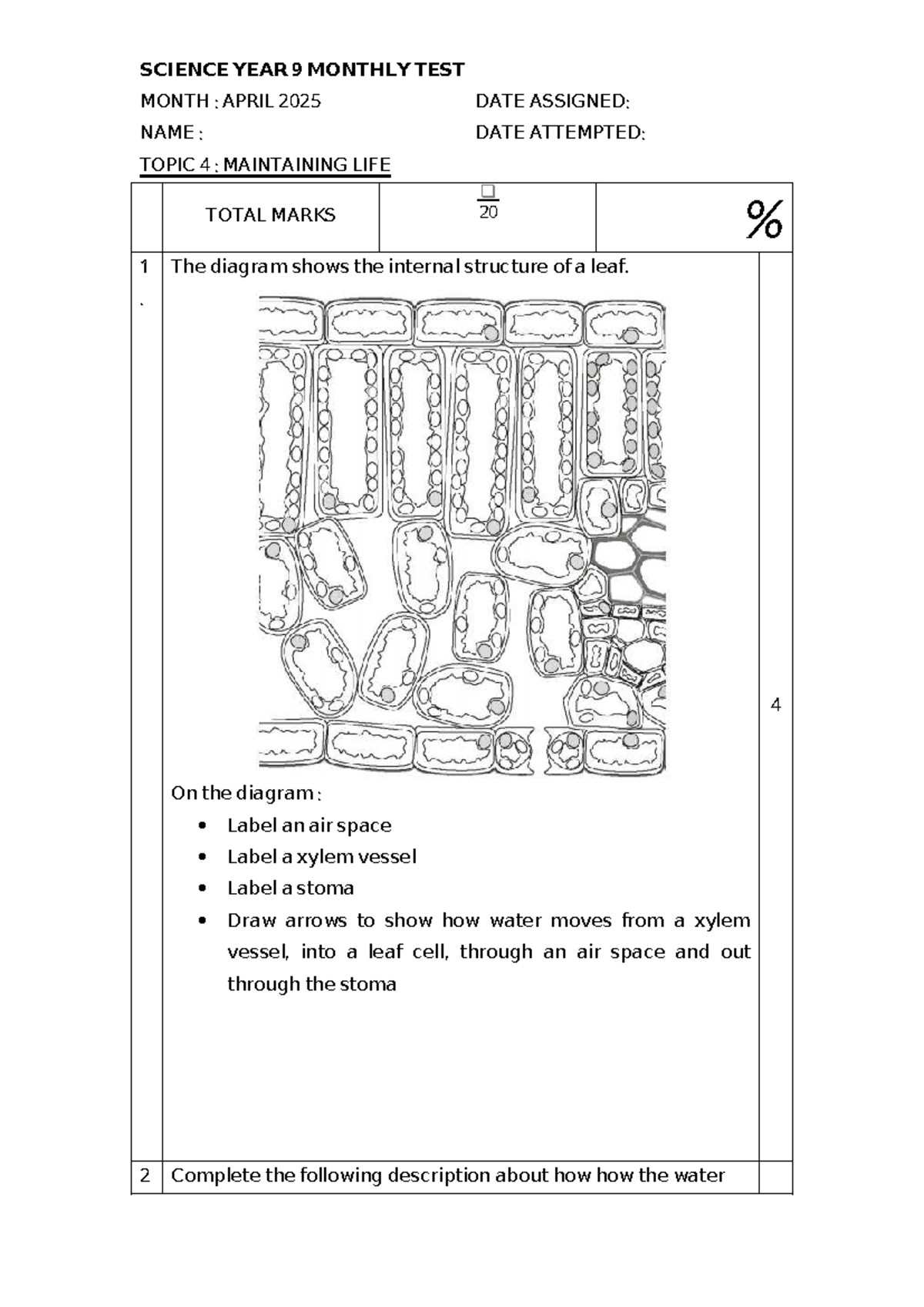 Monthly TEST Y9 April - Science - SCIENCE YEAR 9 MONTHLY TEST MONTH ...