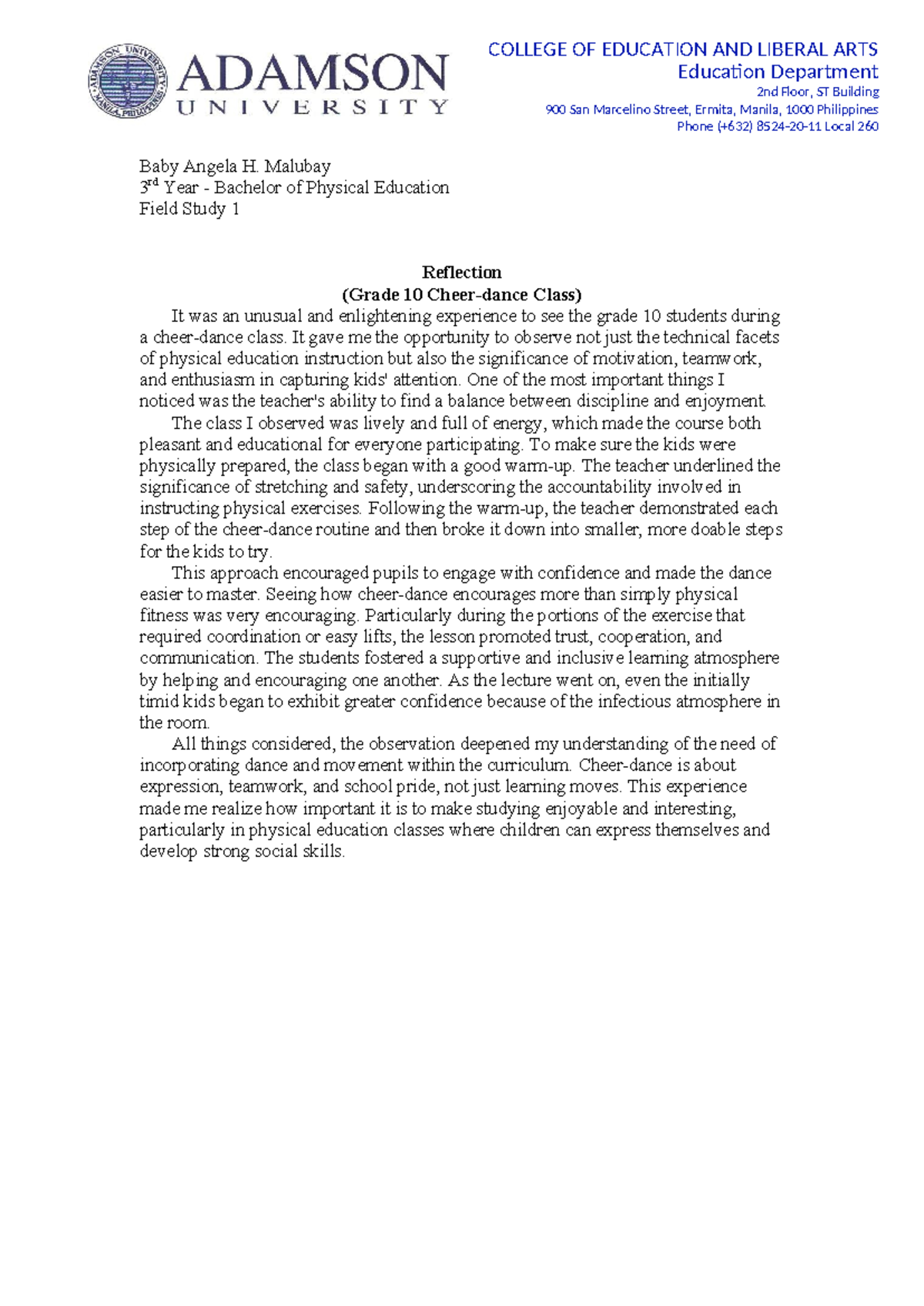 FS1 reflection - Lecture on grade 10 physical education observation ...