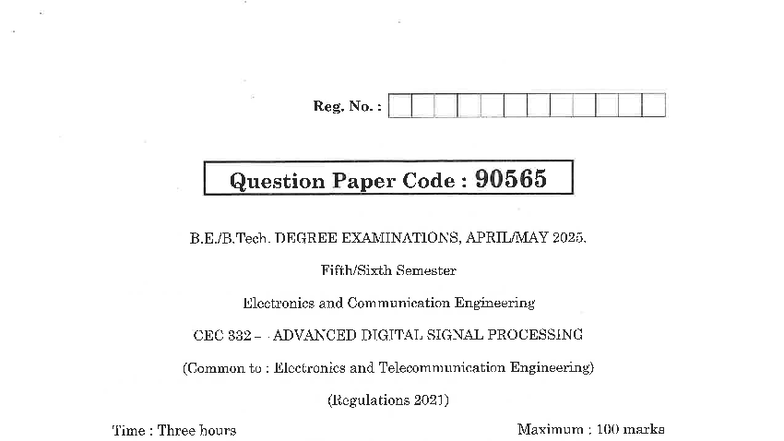 CEC 332 Advanced Digital Signal Processing Exam Questions 2025 - Studocu