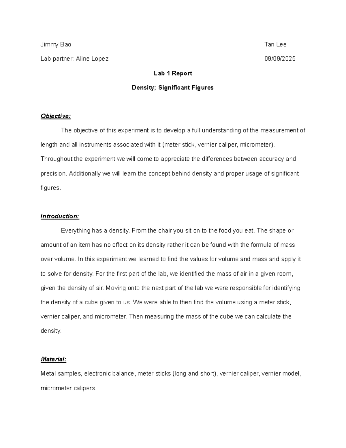 Physics Lab 1 Report: Understanding Significant Figures and Density ...