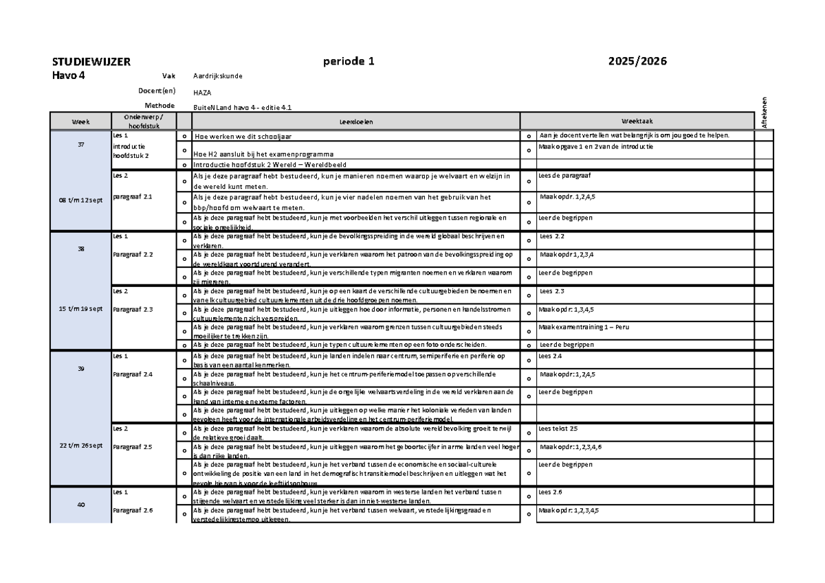 H4 STUDIEWIJZER Periode 1: Lesplannen en Leerdoelen Week 37 - Studeersnel